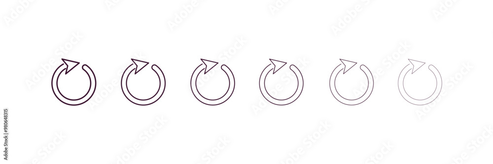 clockwise drawn arrow outline icon. Linear vector from user interface concept. 6 different line ...