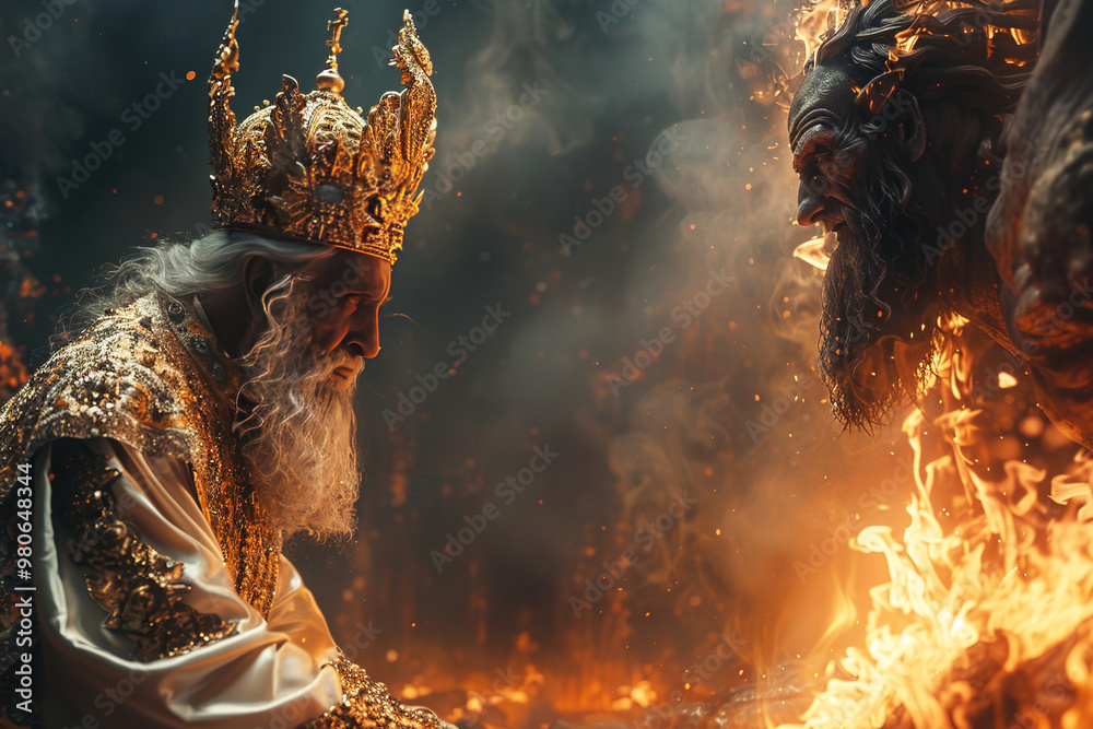 Catholic Christian bishop priest with the Devil Satan horned with wings ...