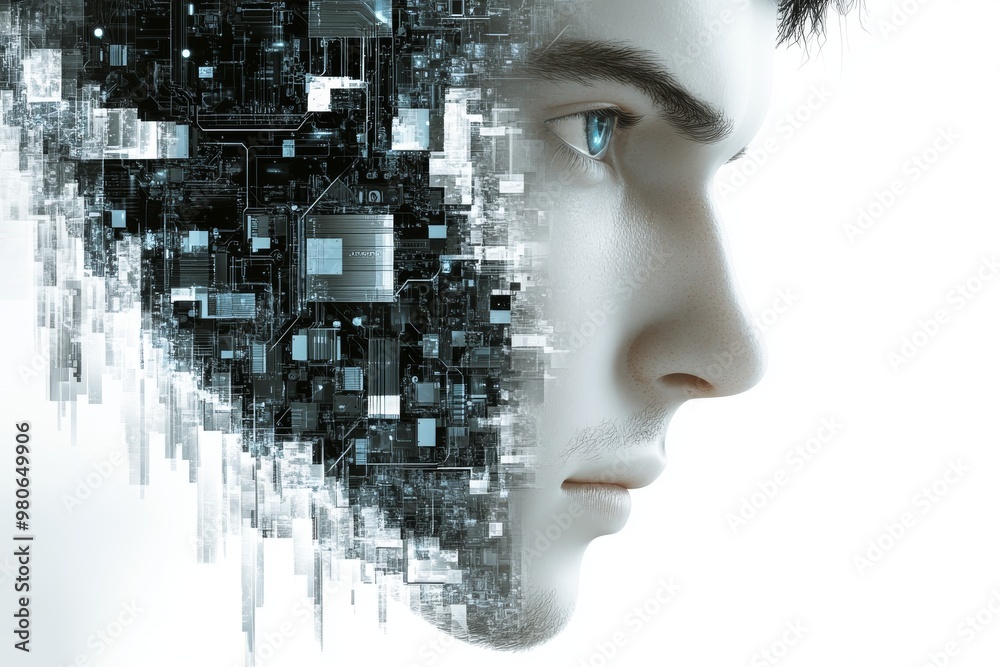 Abstract male profile with a fragmented face turning into pixels ...