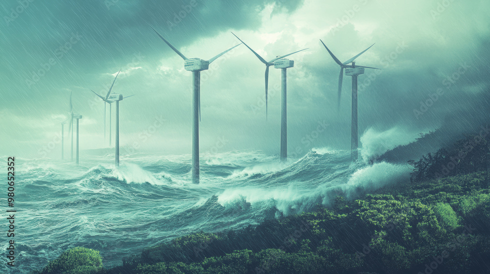 Stormy winds whip through dramatic landscape featuring wind turbines ... Stormy winds whip through dramatic landscape featuring wind turbines ...