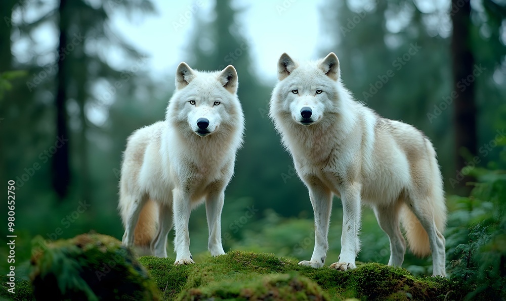 ภาพประกอบสต็อก Wolves Roaming in Rewilded Forest, showcasing the ...
