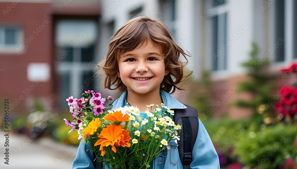 Joyful first grader with bouquet of flowers standing proudly in front ...
