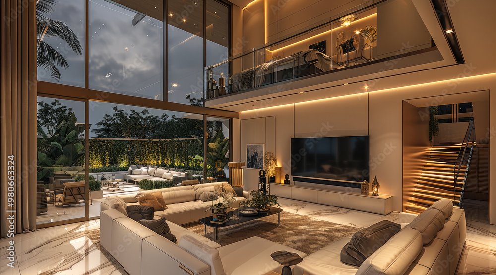 A large living room with high ceilings, double height space, massive TV ...