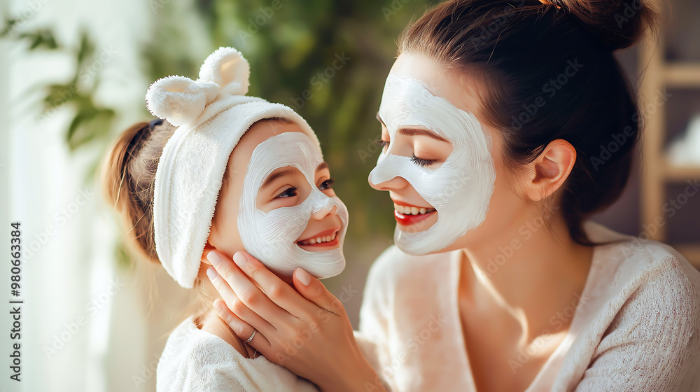 Beautiful mother and little daughter applying facial cream masks ...