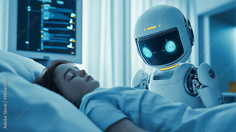 Robot doctor visiting and taking care child patient lying in bed at ...