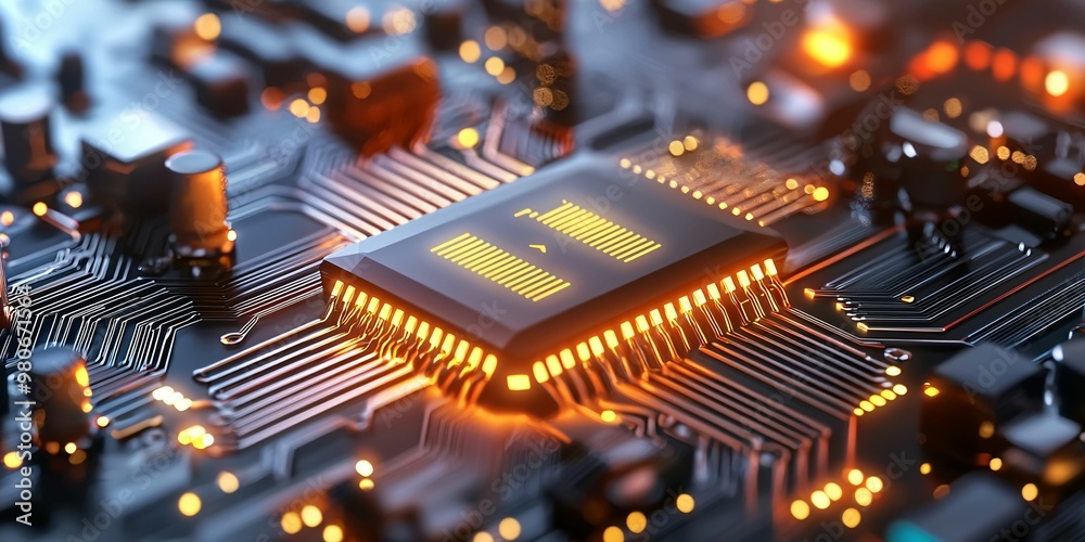 Detailed view of a high-tech microchip with glowing circuit pathways ...