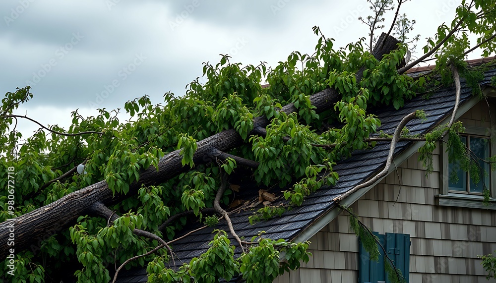 Fallen Tree Crashing onto Roof in Storm Aftermath, Ai generated Images ...