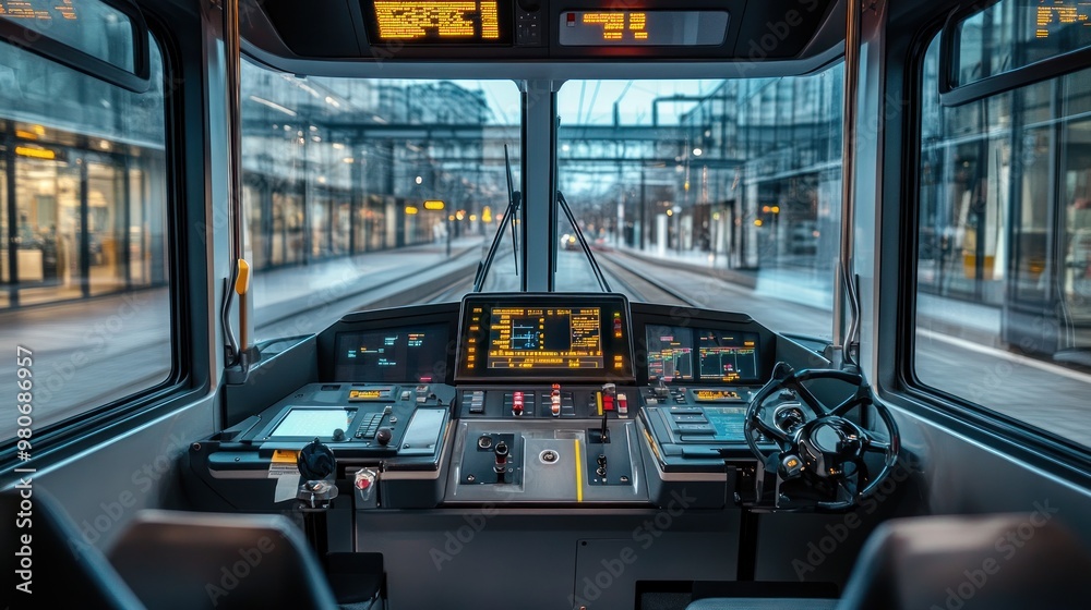Interior view of a modern tram driver's cabin with control panels and ...