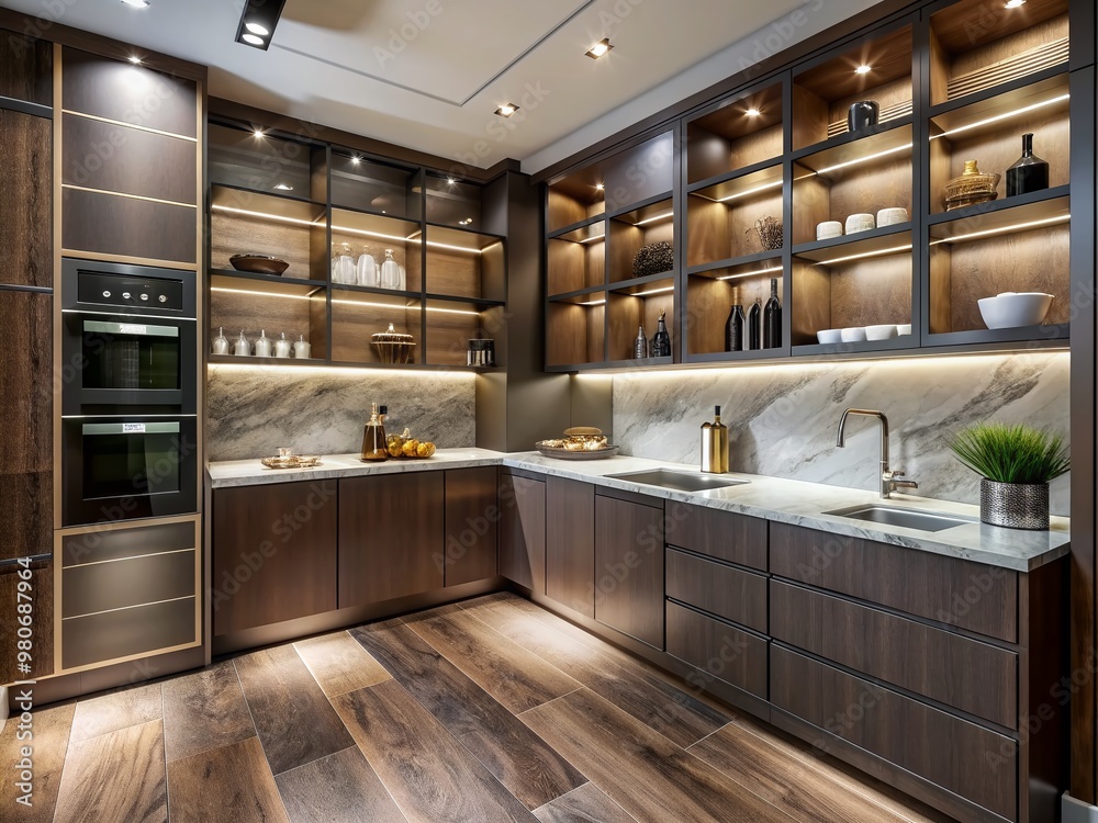 Modern kitchen pantry interior design features dark wooden laminate ...