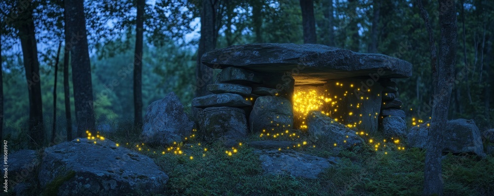 Enchanting Fireflies Illuminating Ancient Stone Ruin with Mystical ...