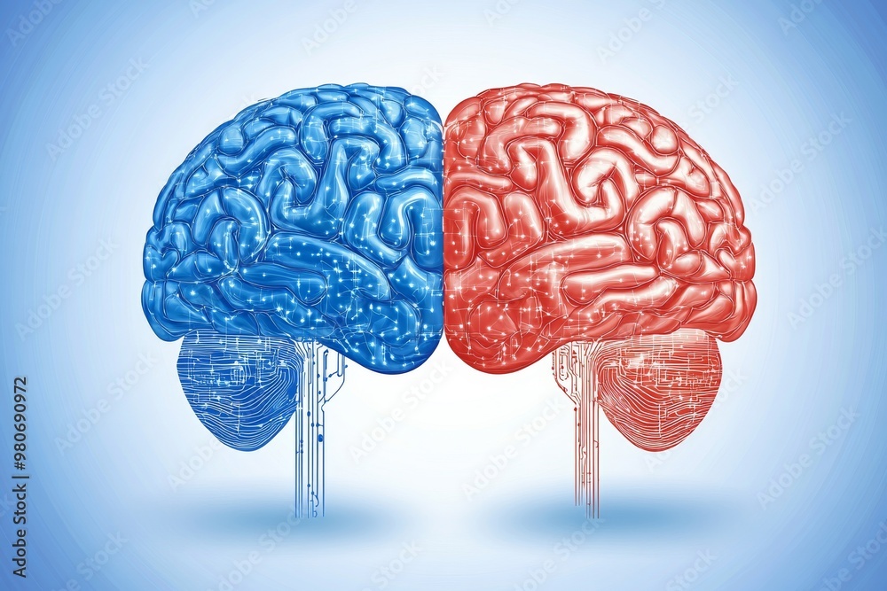 Illustration of two color coded brain halves representing left and ...