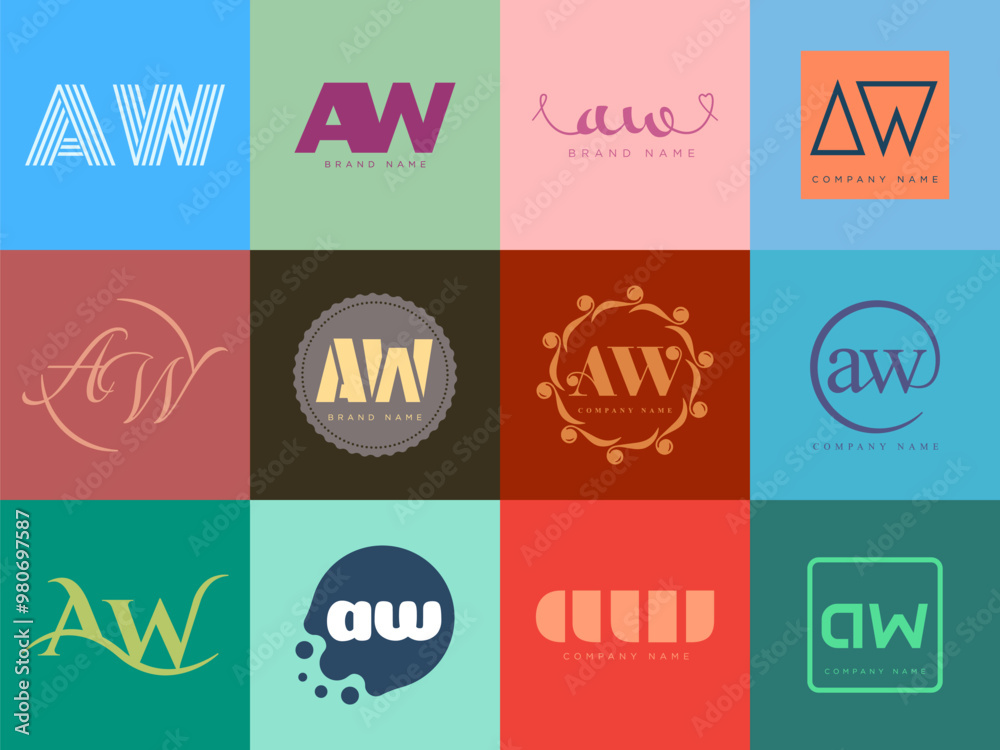 AW logo company template. Letter a and w logotype. Set different ...