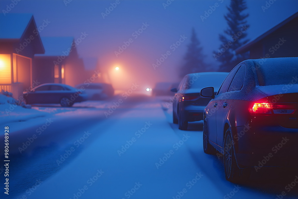 Snowy suburban street at dusk. Winter evening in residential area with ...