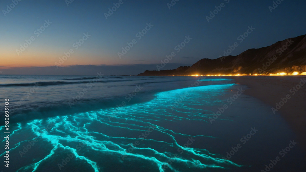 Bioluminescent Beach A beach where the waves glow with bioluminescent ...
