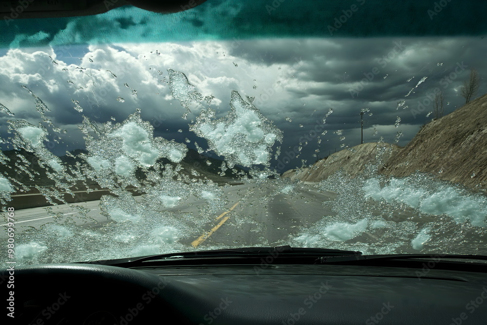Snow splash on car windshield. Weather reports and road safety ...