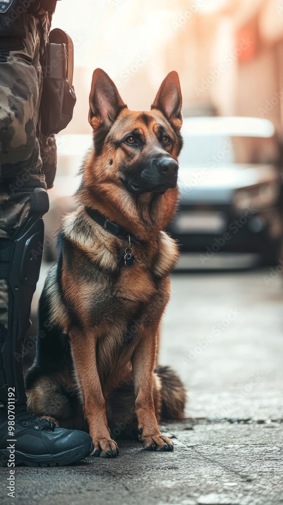 German Shepherd police dog, uniformed officer, urban setting, close-up ...