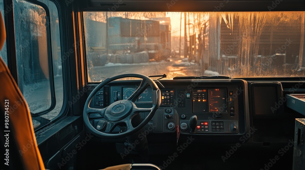 Interior view of a vehicle cockpit at sunset, showcasing controls and a ...