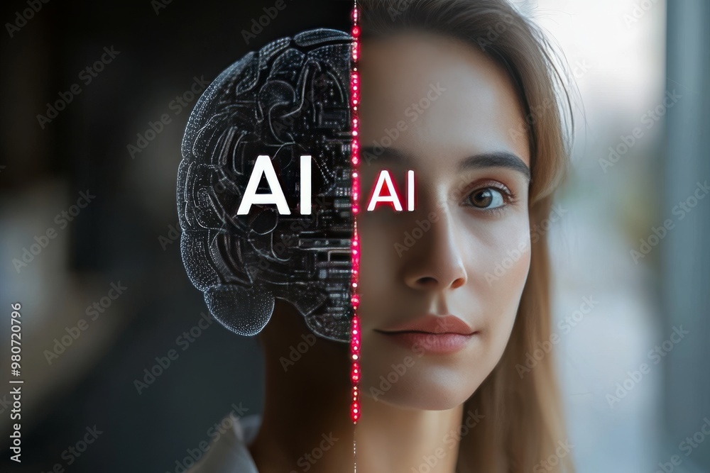 Female profile with AI and neural brain scan interface representing the ...