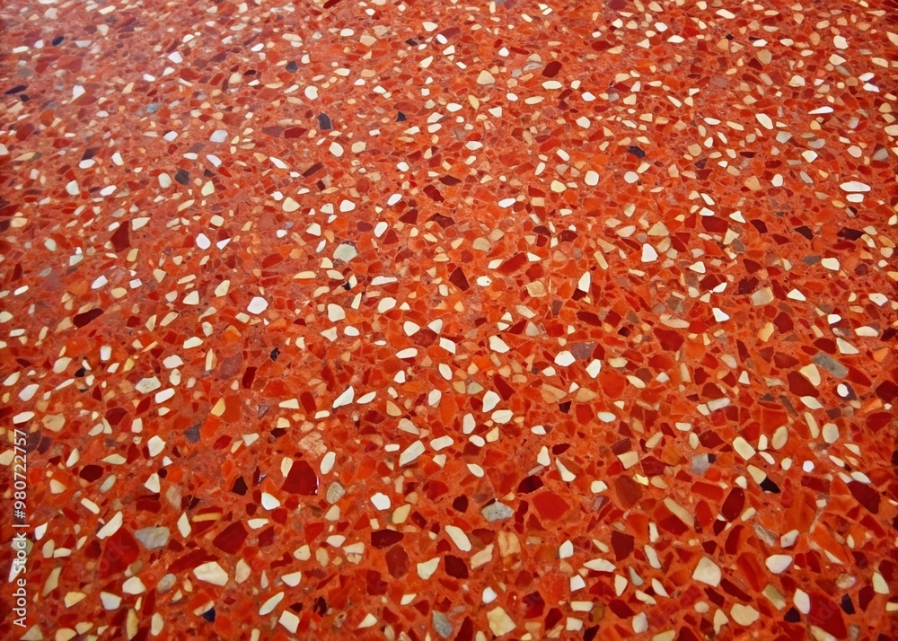 Vibrant red terrazzo stone floor with polished finish, intricate ...