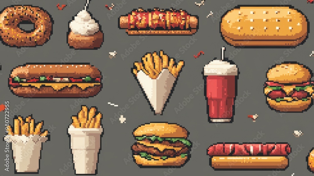 Pixel Art Fast Food Vector Set with Burger,pizza,Soda,Ice Cream,Hot Dog ...