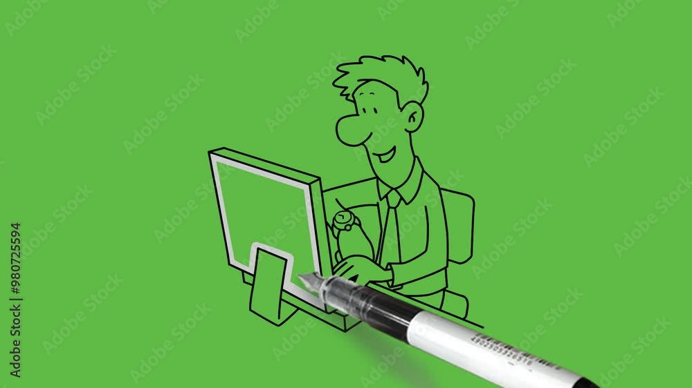 draw young man sit on chair do work on computer place on table with ...