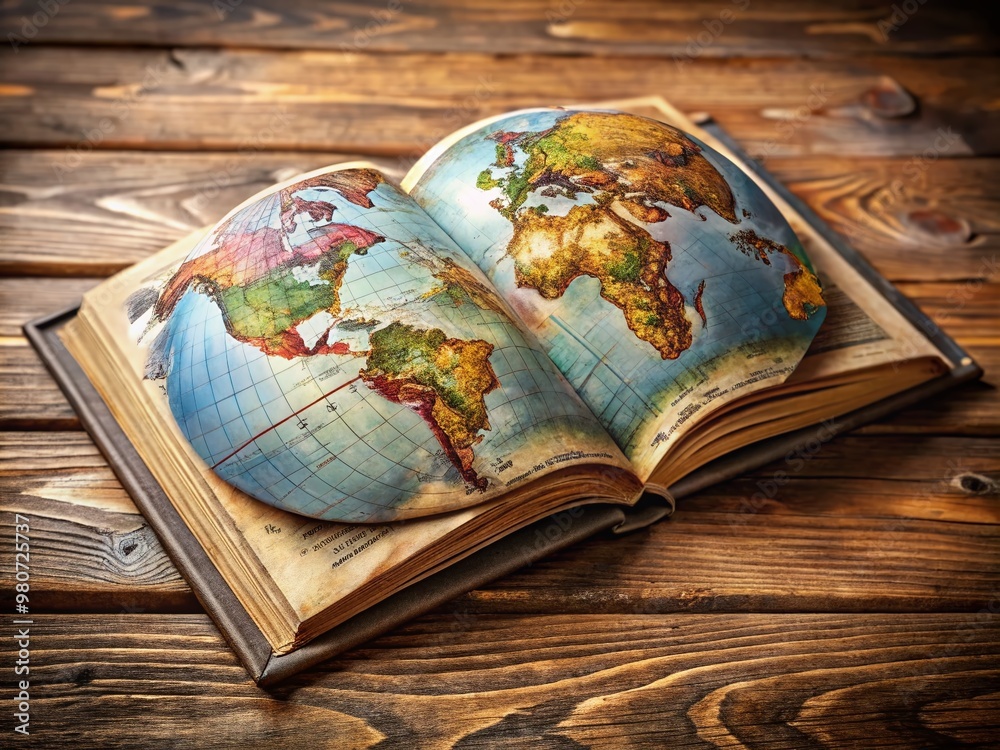 A beautifully illustrated, vintage-style world atlas lies open on a ...