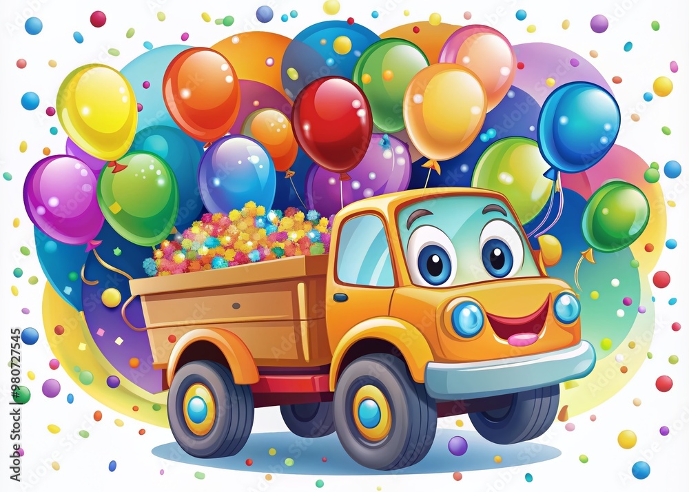 Colorful illustration of a small smiling truck with bold wheels and ...