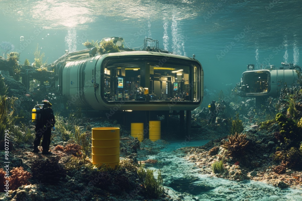 Explore an underwater city in a futuristic style. This image features ...