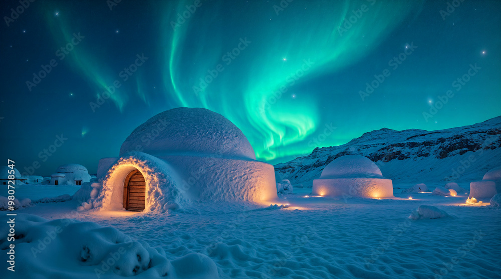 Northern Lights Over Snowy Igloos in Arctic Landscape - Stunning Winter ...