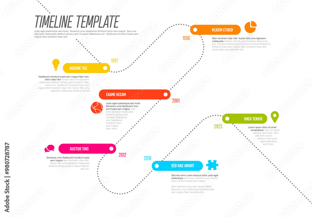 Dotted timeline template with thick line rainbow color steps with icons ...