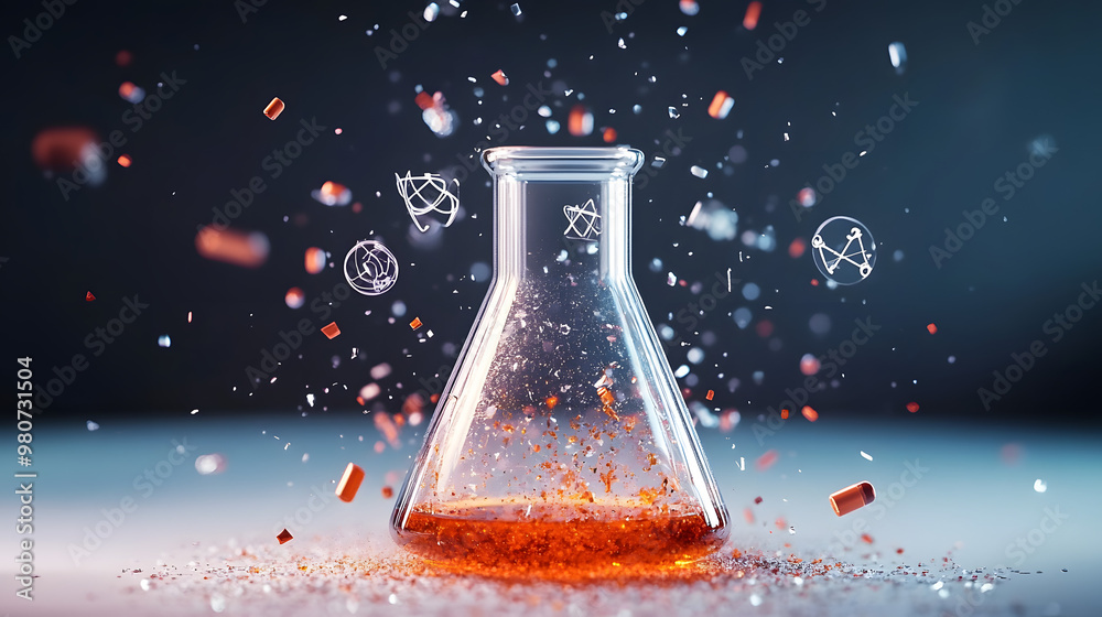 Shattered laboratory flask icon transforming into scientific symbols ...