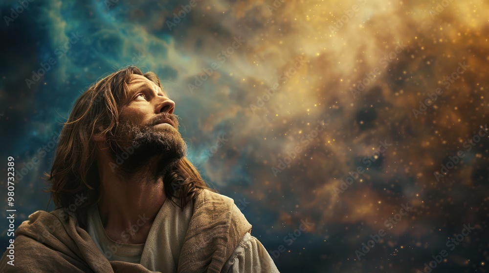Jesus Christ in deep prayer, looking up to the heavens with a serene ...
