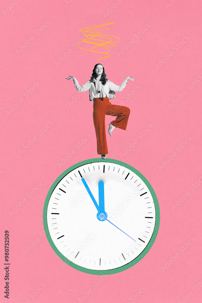 Foto de Woman balancing serenely on top of clock, striking meditative ...