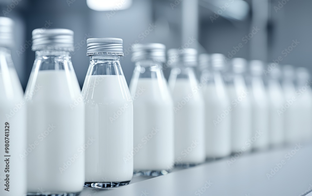 Automated machine filling bottles with plant-based milk in a sterile ...