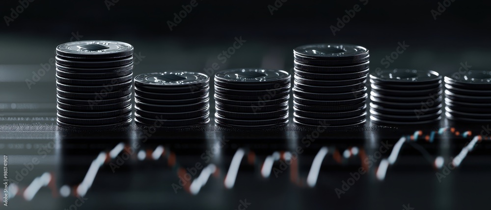 Realistic coin stacks arranged in ascending order, overlaid with line ...