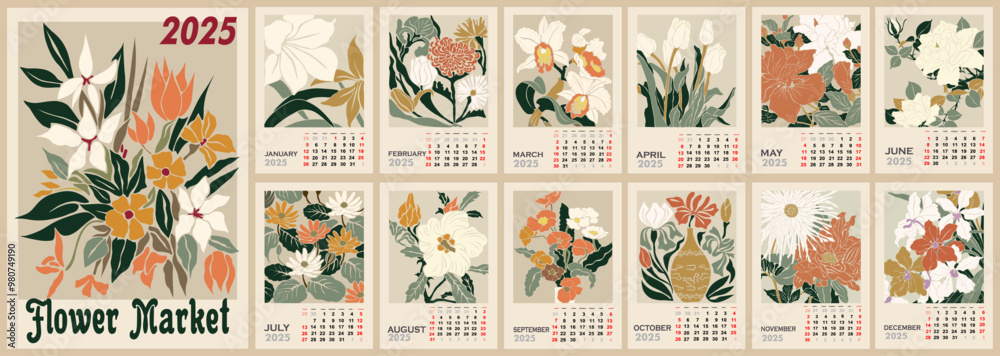 Floral calendar template for 2025 . Vertical design with Flower Market ...