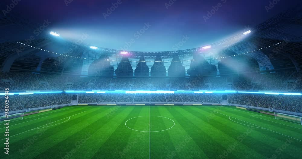 Football arena with grass field and blurred fans at playground view. 3D ...