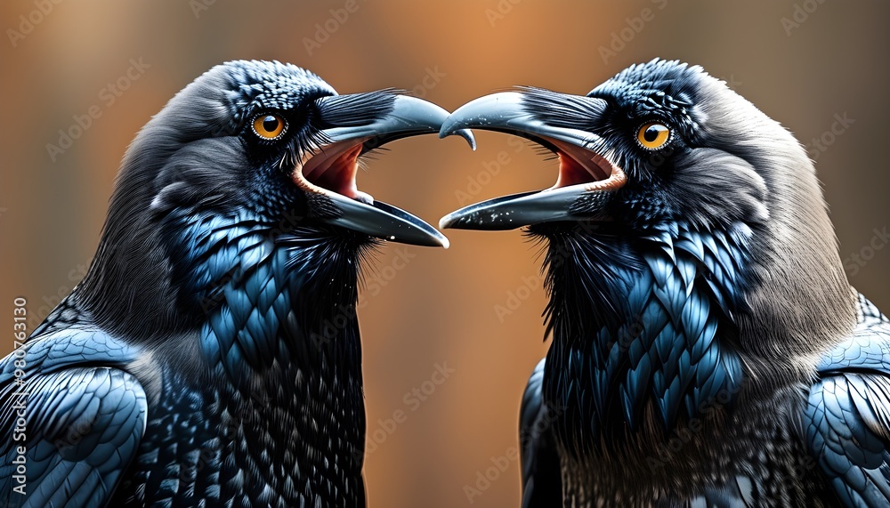 Cawing ravens engaging in a vocal duel with open beaks under a dramatic ...