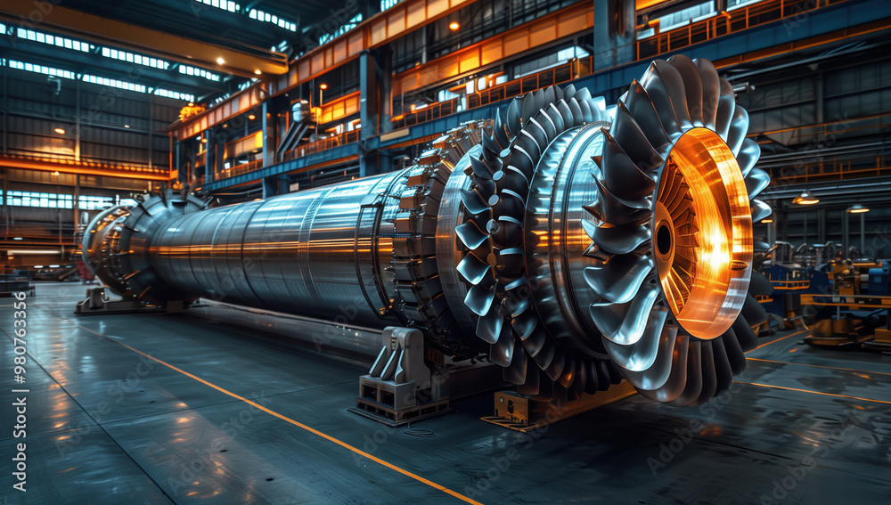 Large turbine in industrial power plant. Massive turbine engine in an ...