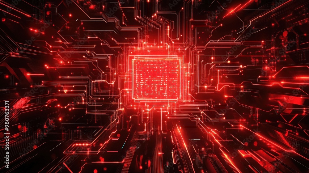 Abstract digital circuit with glowing red lines representing technology, innovation, and the ...