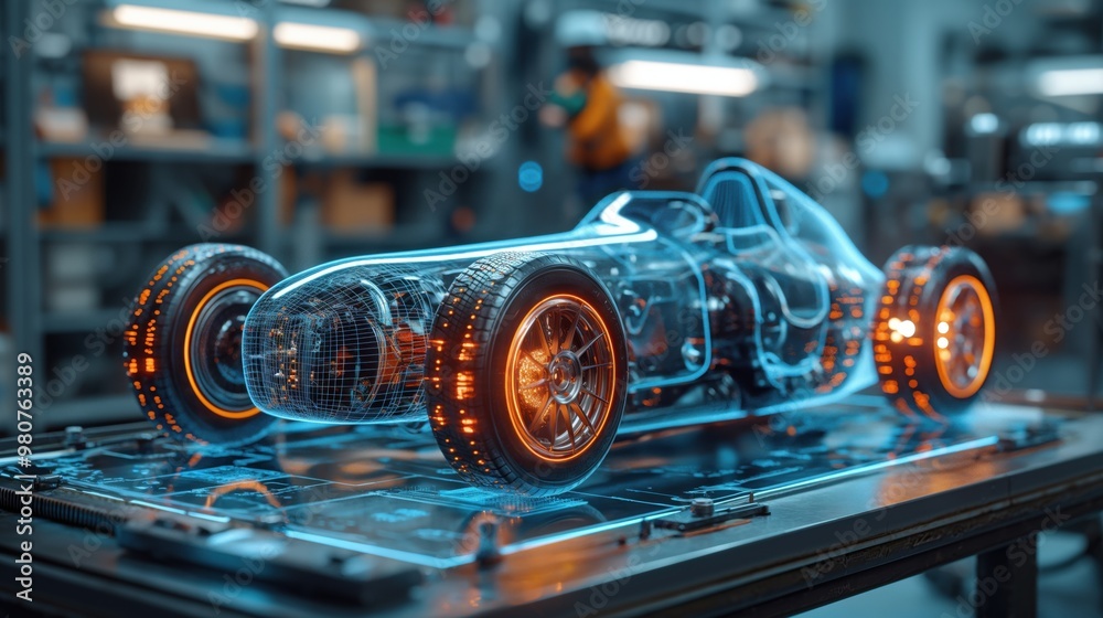 High-tech holographic display of a car engine prototype in a workshop ...