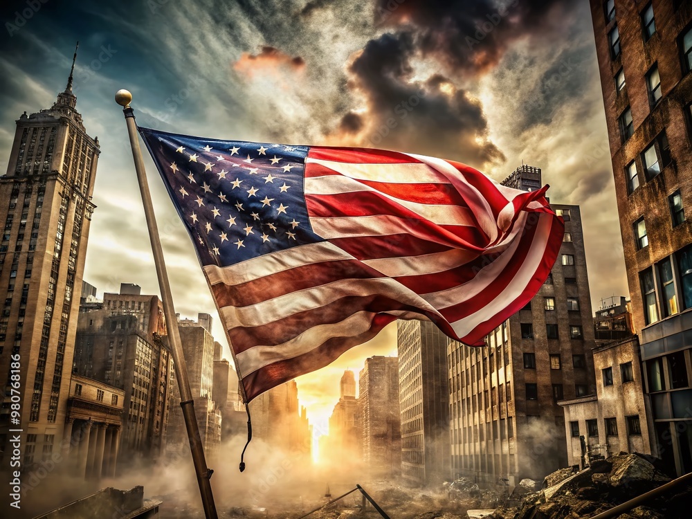 A dramatic close-up of a worn American flag waving in the wind, set ...