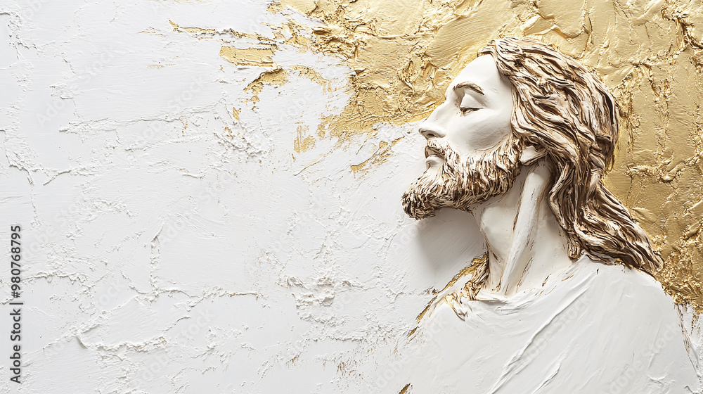 A modern, three-dimensional depiction of Jesus, using gold paint to ...