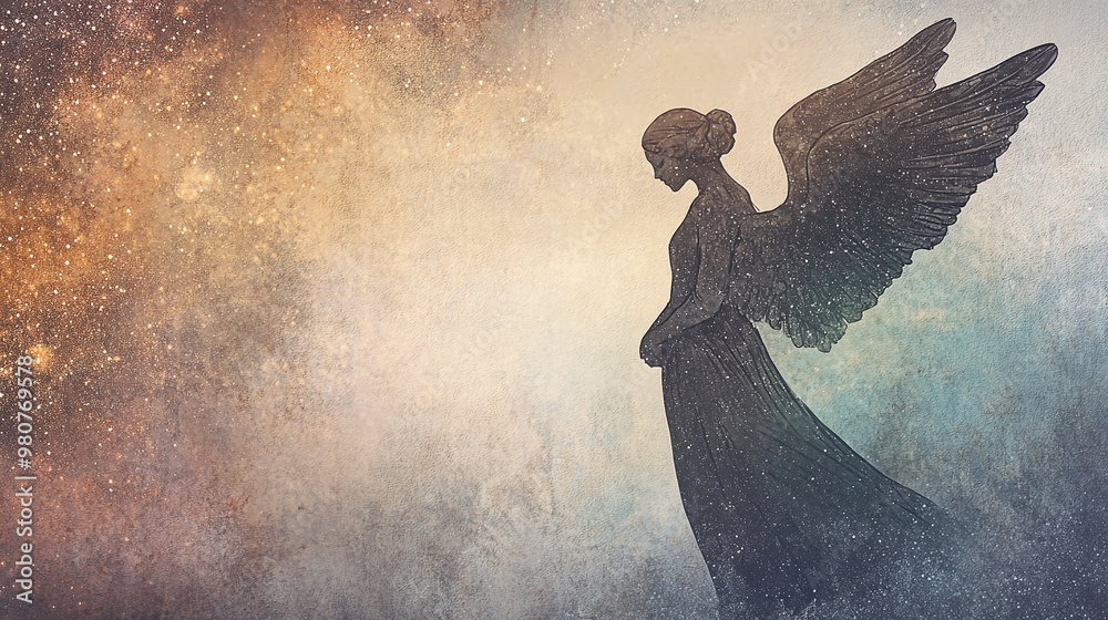 A depiction of an angel, traditionally a messenger from God, possibly ...