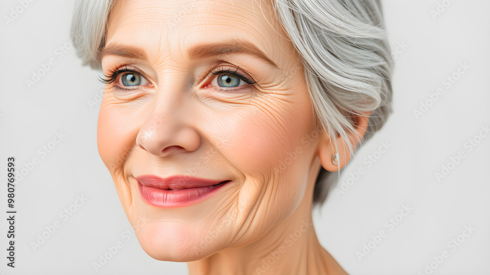 Portrait of happy mature model. Beautiful 50s mid aged mature woman isolated on white background ...