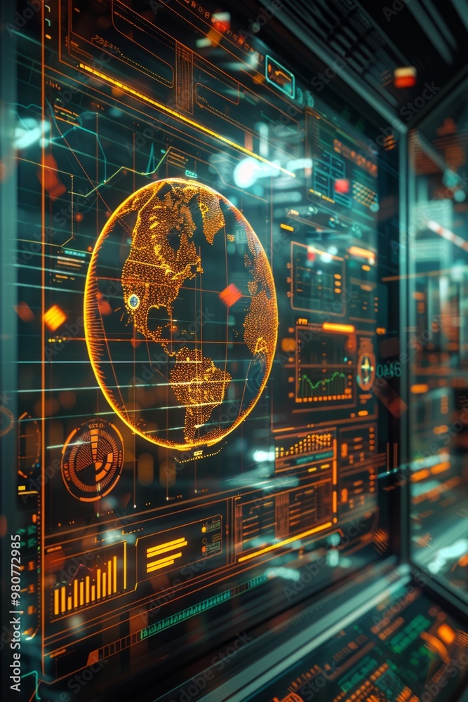 Futuristic digital interface displaying a glowing globe overlaid with data visualizations in a ...