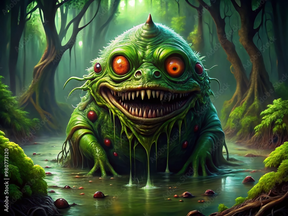 A grotesque, slimy, green blob monster emerges from a dark swamp, its ...