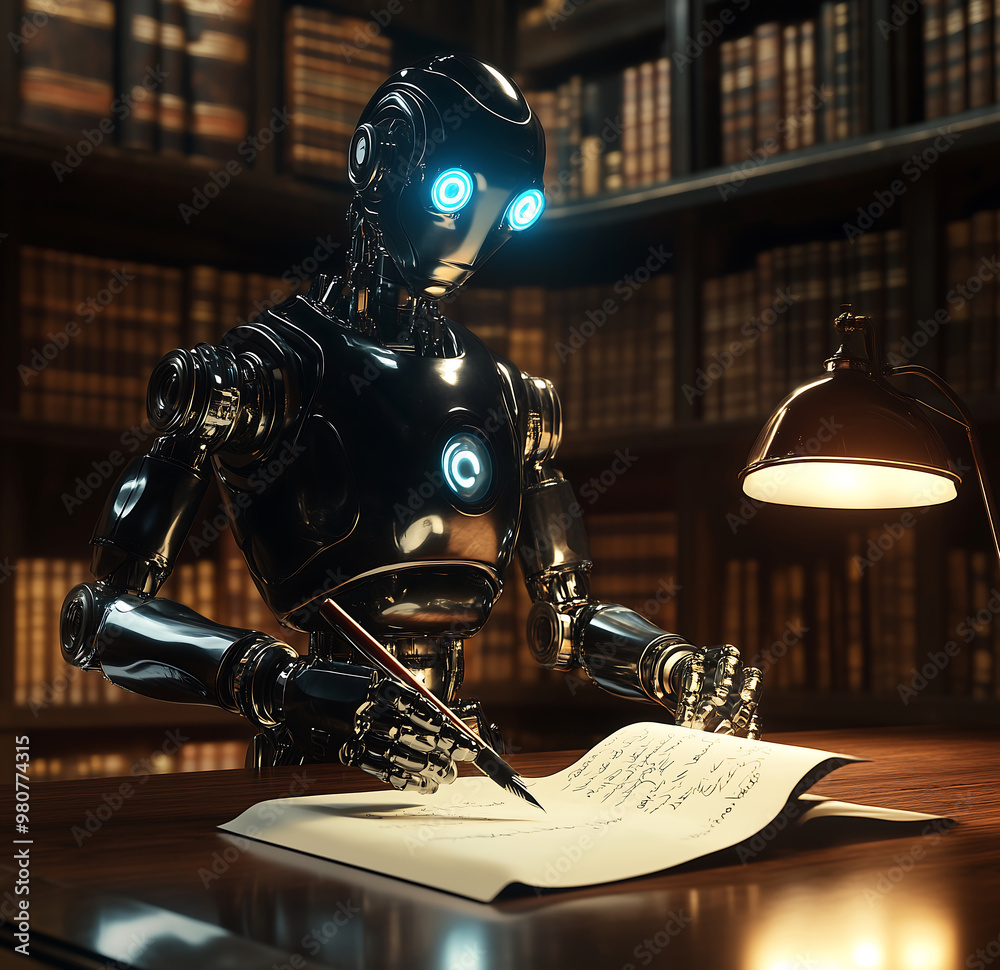 Robot with glowing eyes writing with a quill in a shadowy library ...
