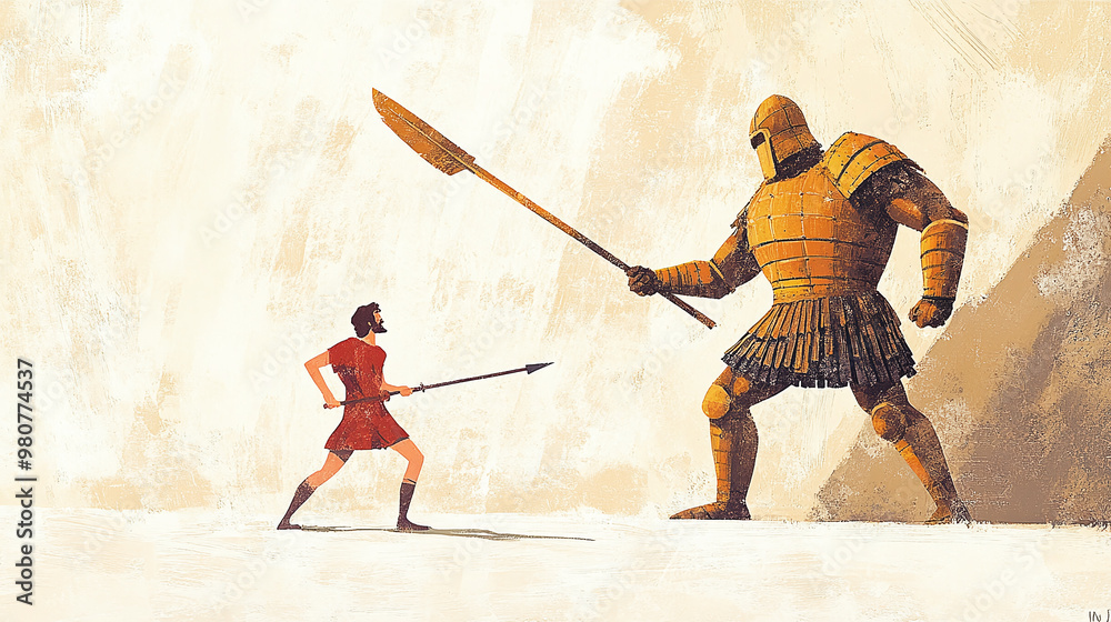 The famous biblical battle between David and Goliath, representing the ...