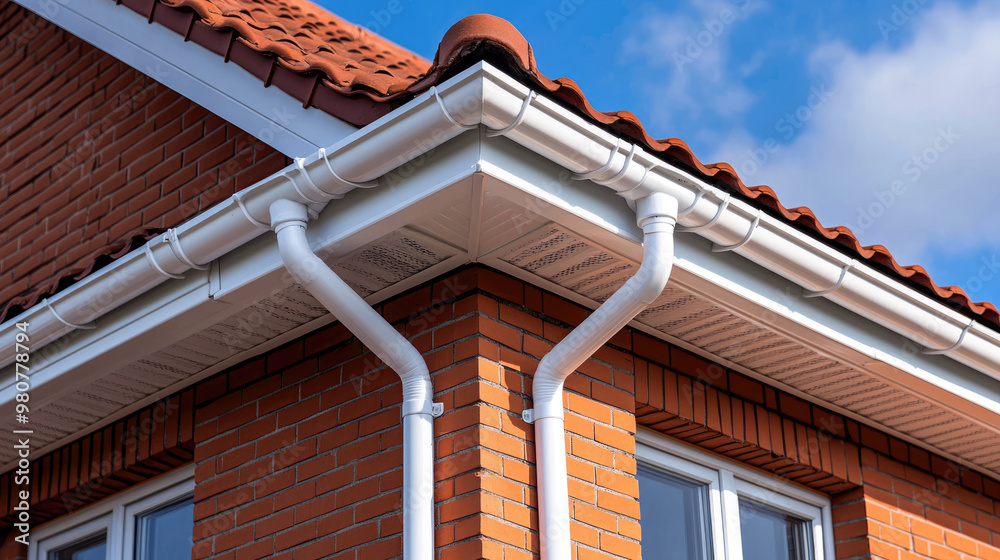 A white gutter is attached to the side of a brick building. The gutter ...